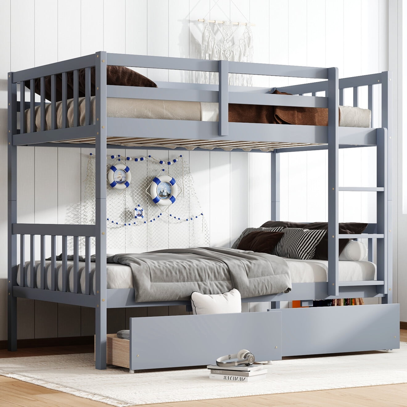 Twin Over Twin Bunk Bed with Drawers, Convertible Rubber Wood Storage ...