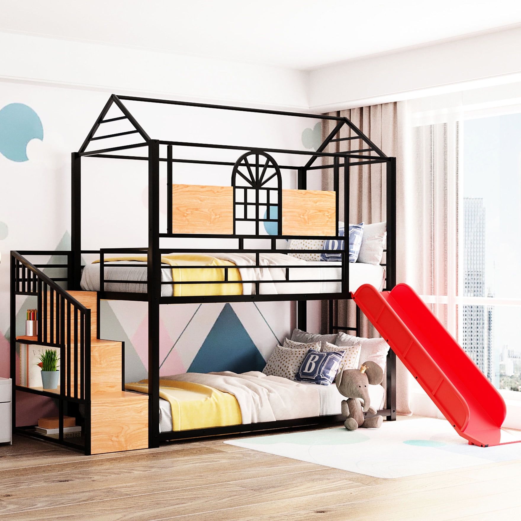 Twin Over Twin Bunk Bed with Play Features / Metal and Wood Design ...