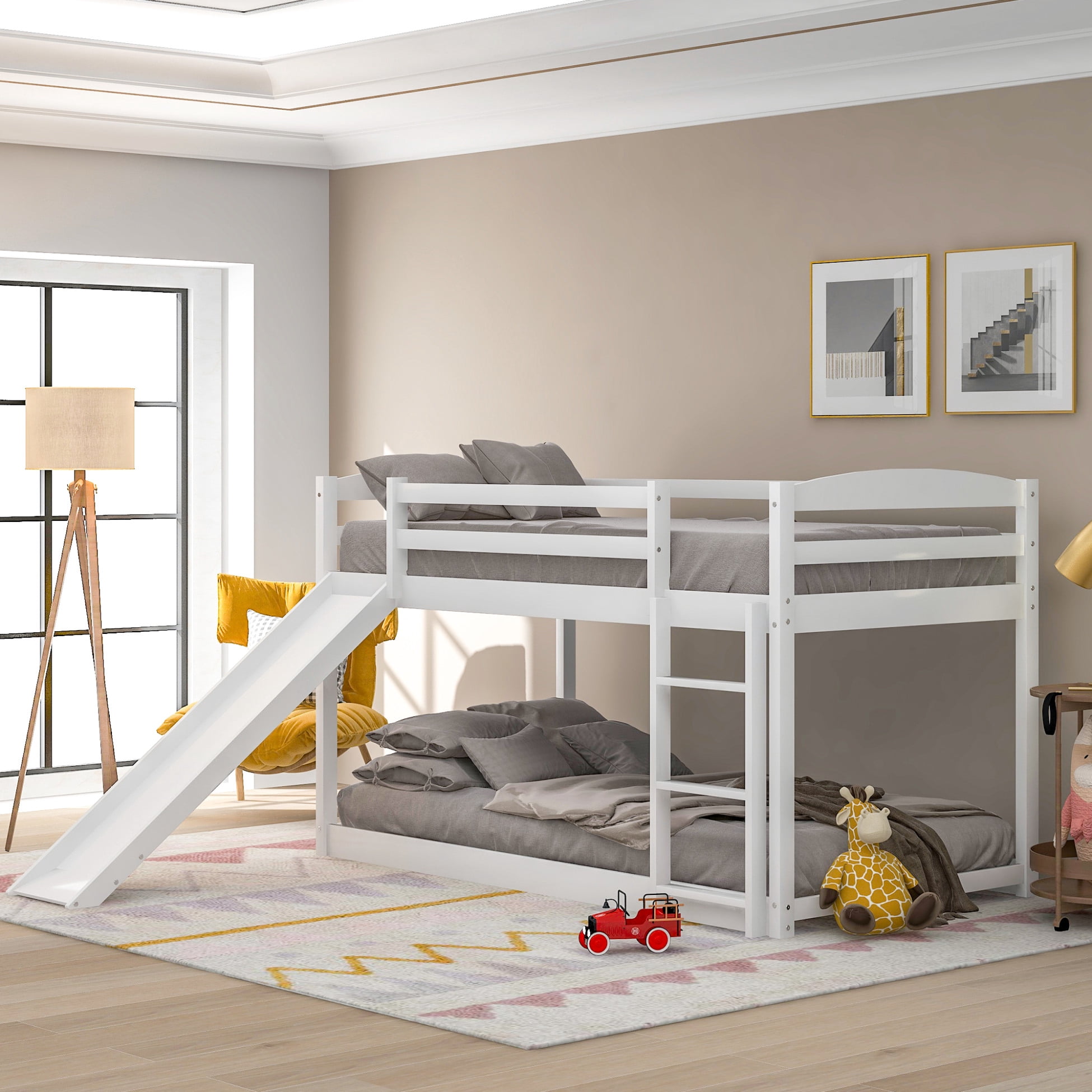 Twin Over Twin Bunk Bed with Slide and Ladder for Kids, Solid Wood Bed ...