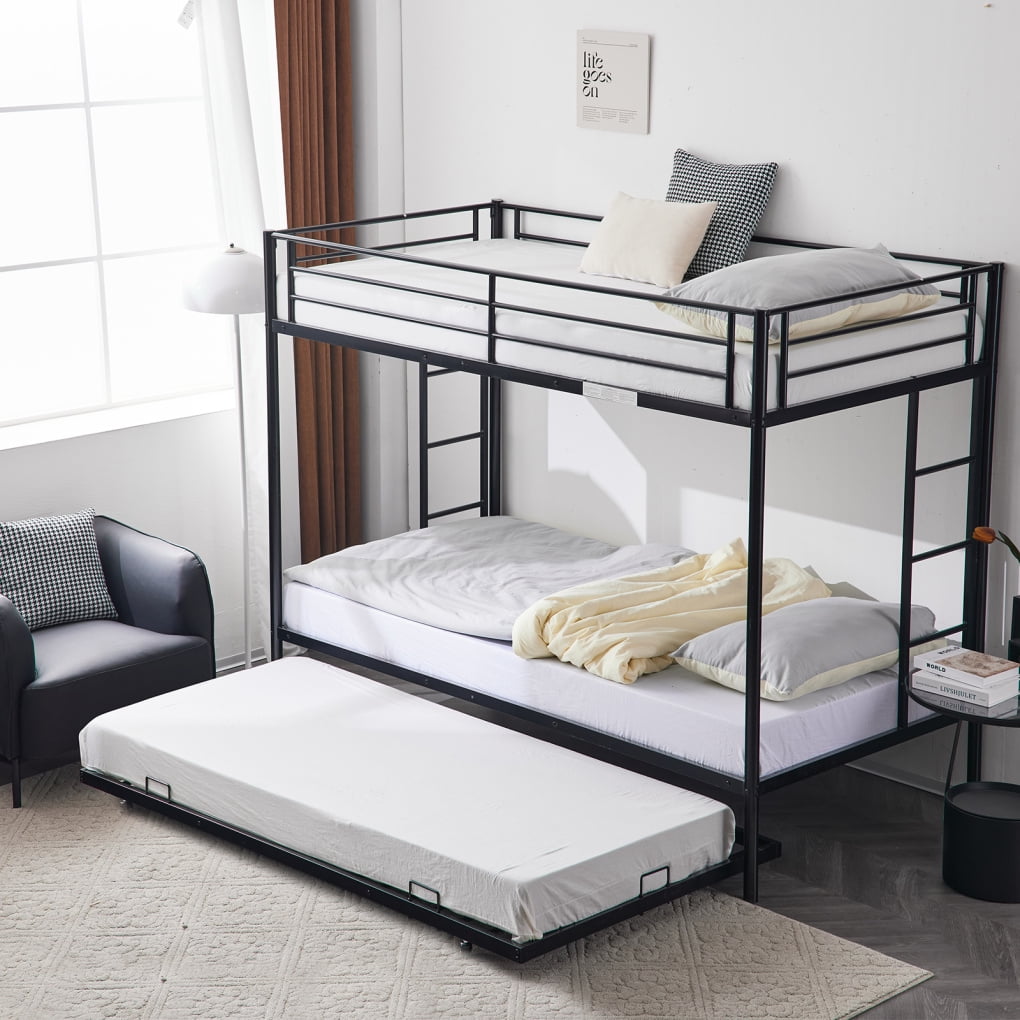 Black Metal Twin Over Twin Triple Bunk Beds with Trundle and Side ...