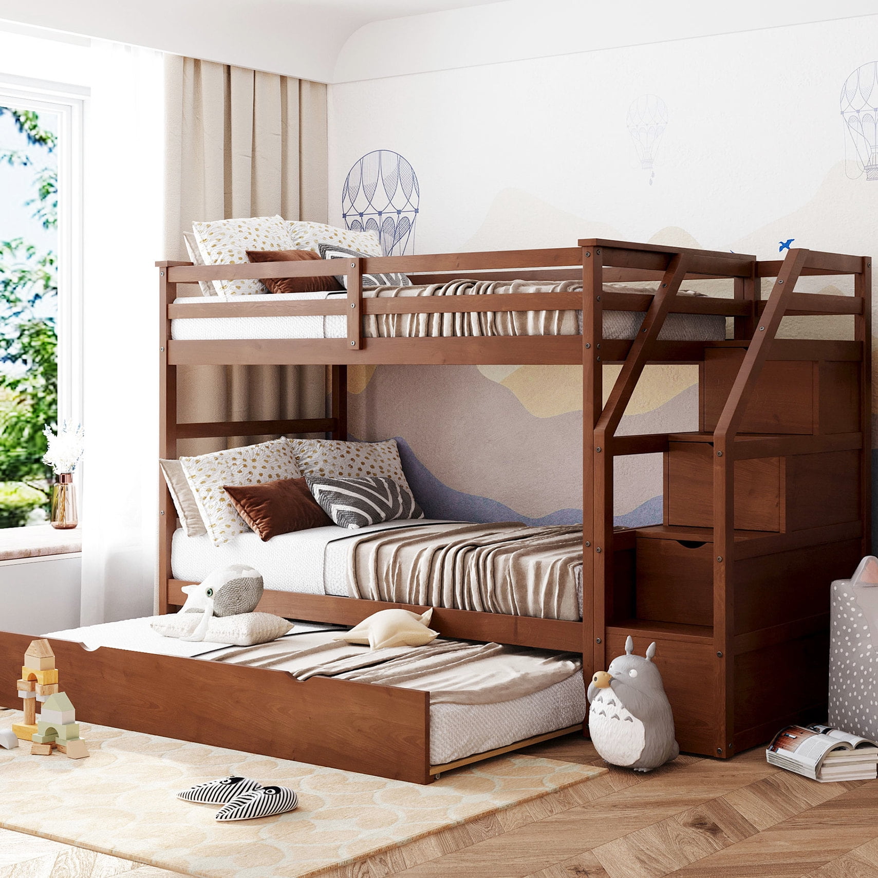 Twin-Over-Twin Bunk Bed with Trundle and 3 Storage Steps / Provides Easy Pull-Out Function ...