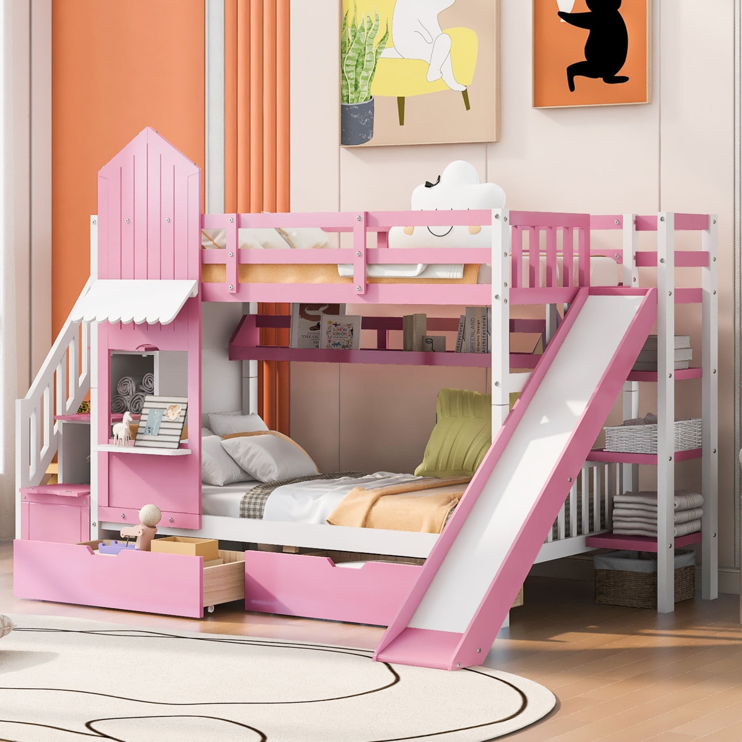 Twin-Over-Twin Castle Style Bunk Bed with 2 Drawers 3 Shelves and Slide ...