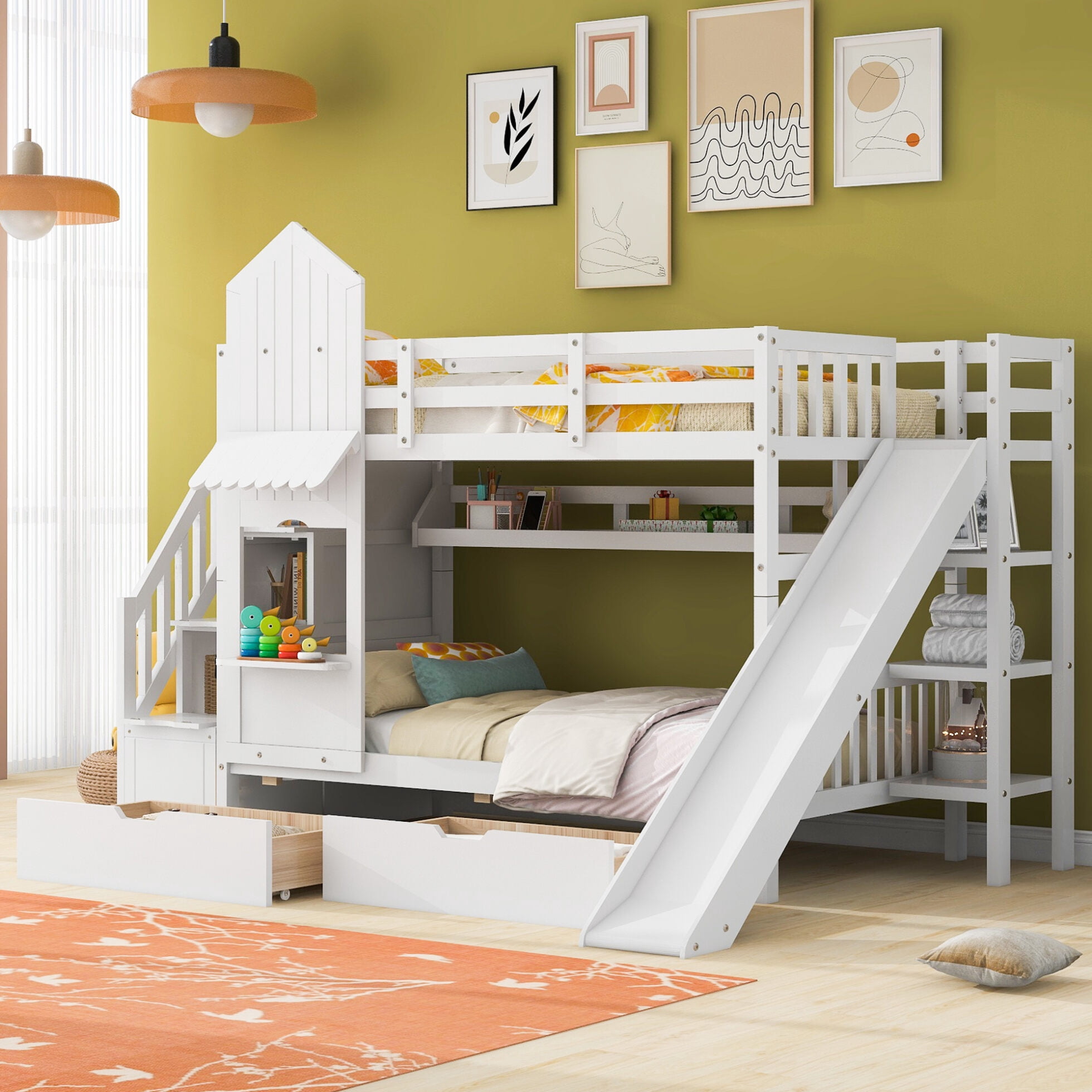 Twin-Over-Twin Castle Style Bunk Bed with 2 Drawers 3 Shelves and Slide ...
