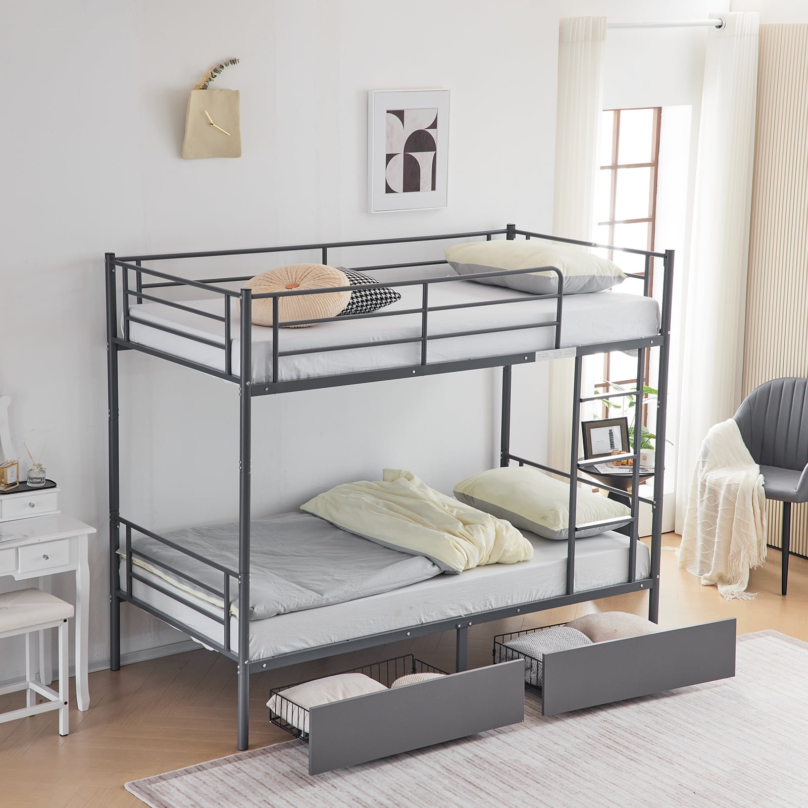 Twin Over Twin Convertible Bunk Bed with 2 Storage Drawers, Metal Bunk ...