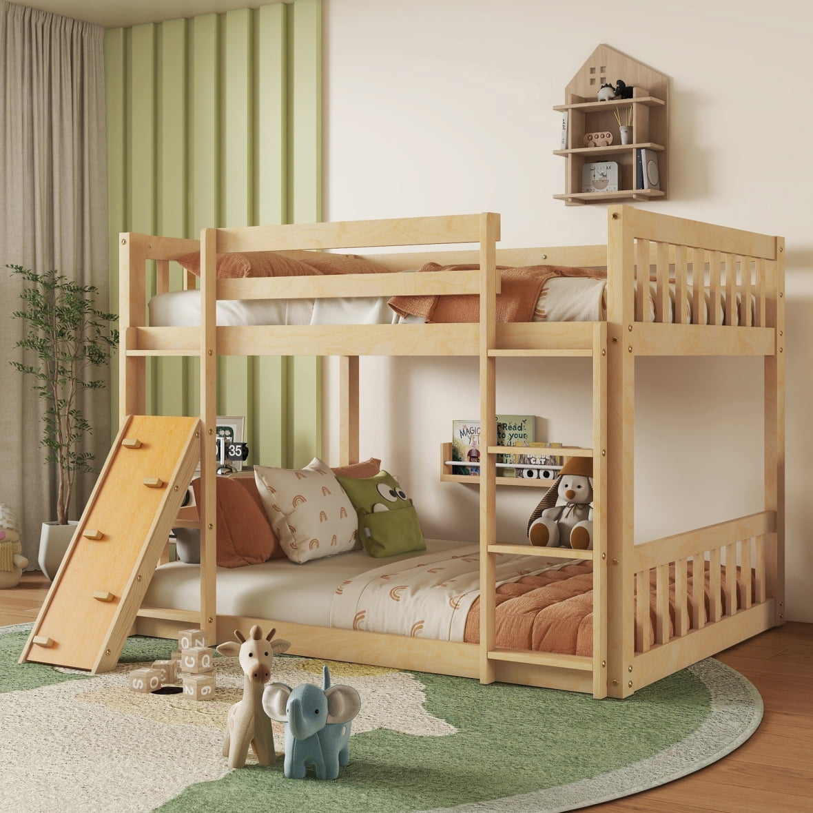 Twin Over Twin Floor Bunk Bed with Climbing Ramp, Playhouse Design Wood ...