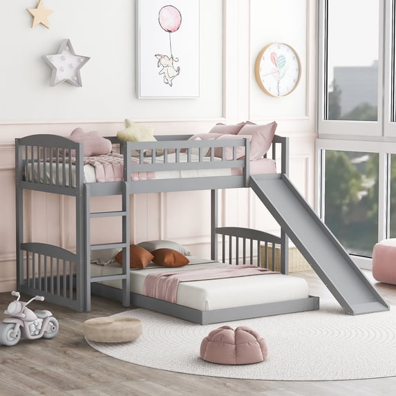 Twin Over Twin Gray Bunk Bed with Slide and Ladder | Solid Pine ...