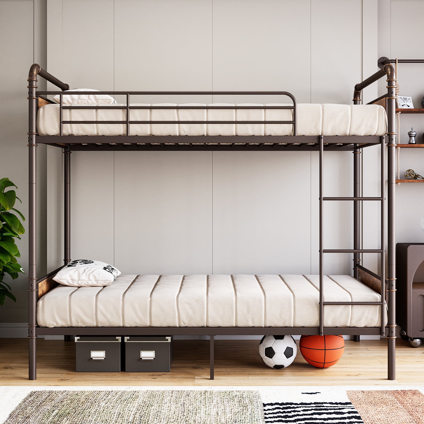 Twin Over Twin Metal Bunk Bed Frame with High Guardrail and Ladder,2 In ...