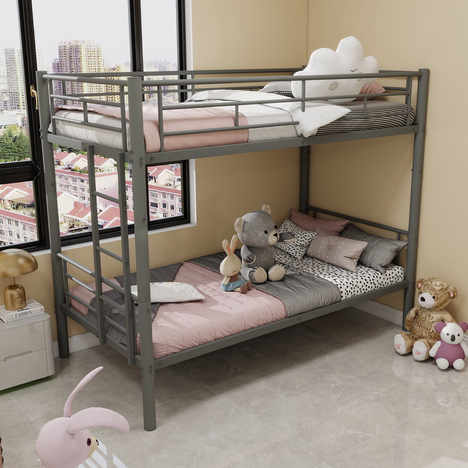 Twin Over Twin Metal Bunk Bed, Metal Structure Bedframe with Ladders ...