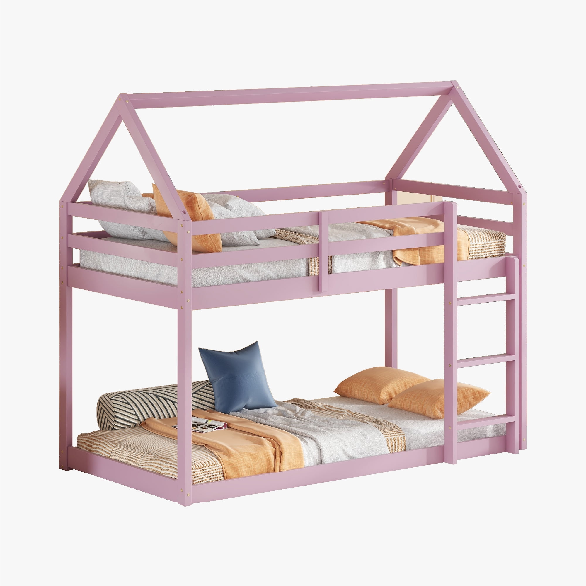 Twin Over Twin Rubber Wood Floor Bunk Bed, with Ladder,Guardrails,House ...