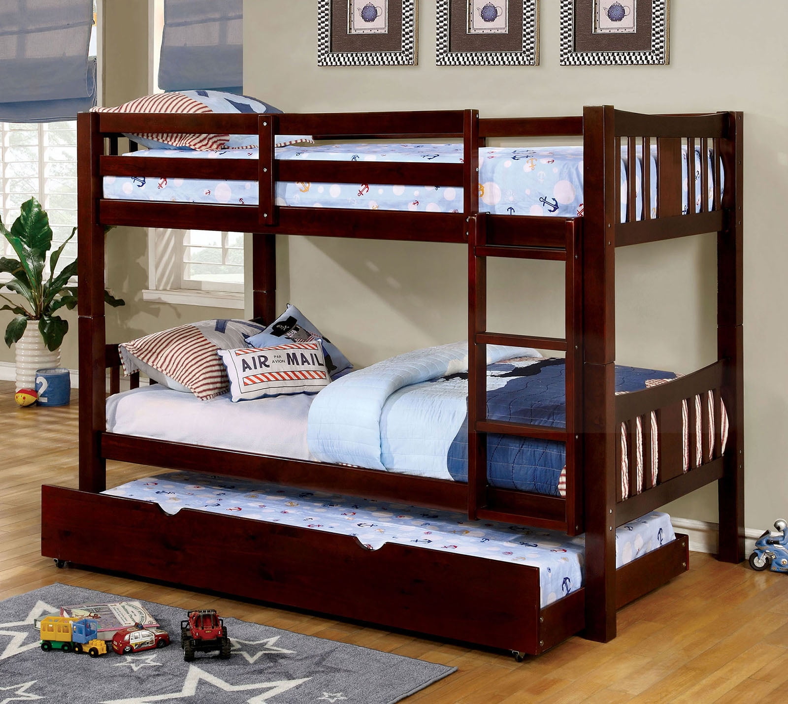 Twin Over Twin Transitional Style Bunk Bed Dark Walnut Finish Attached ...
