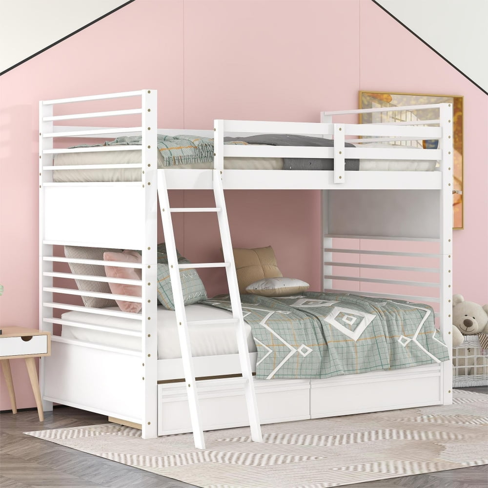 Twin Over Twin Wood Bunk Bed Frame, Modern Bunk Bed with Two Drawers ...