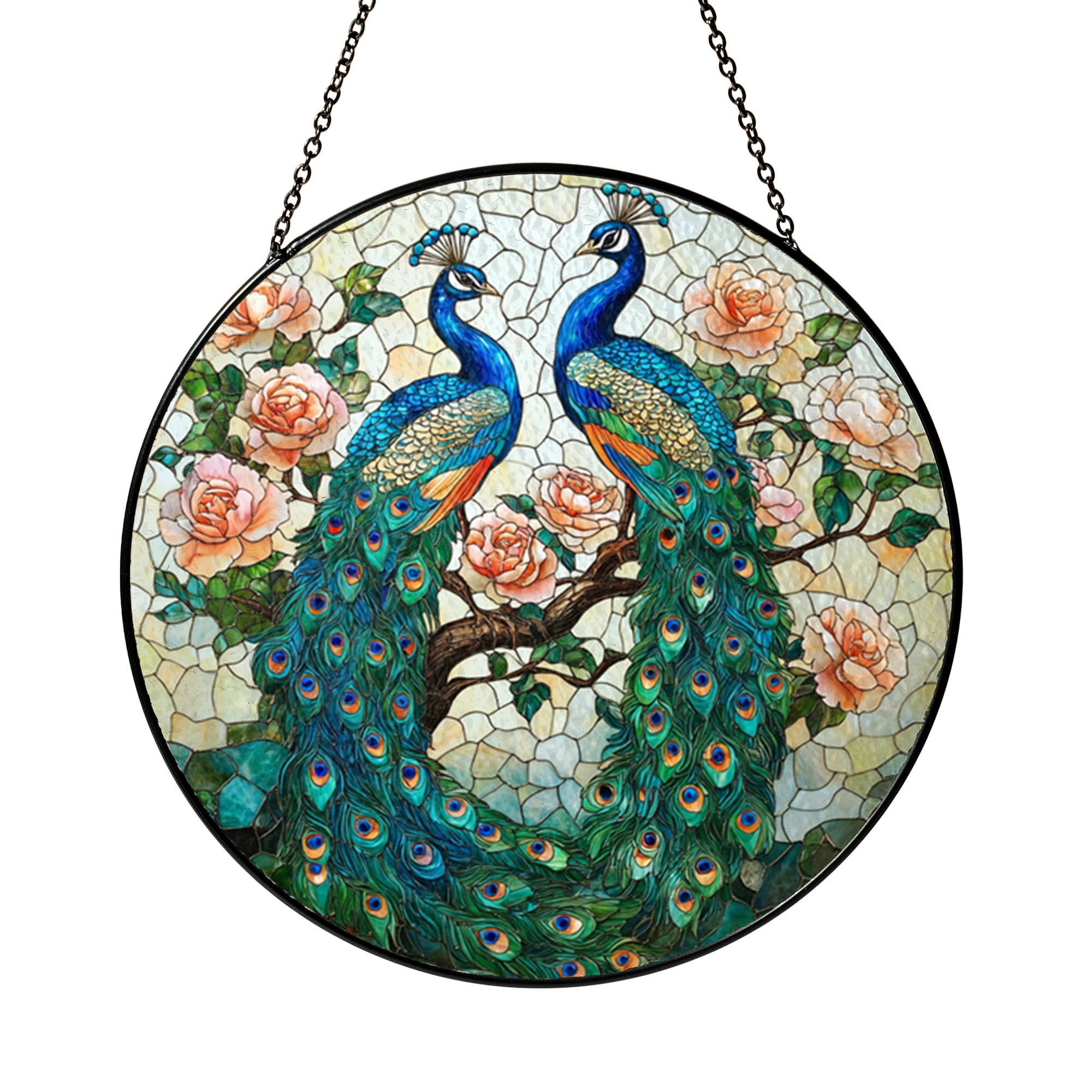 Twin Peacocks with Rose Background Stained Glass Suncatcher – Window ...