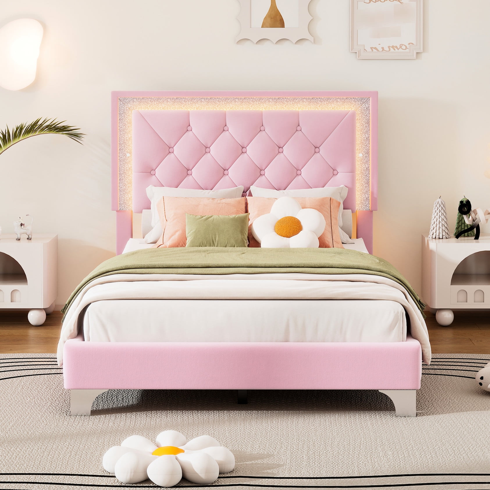Twin Pink Upholstered Bed Frame with LED Lights and Tufted Head ...