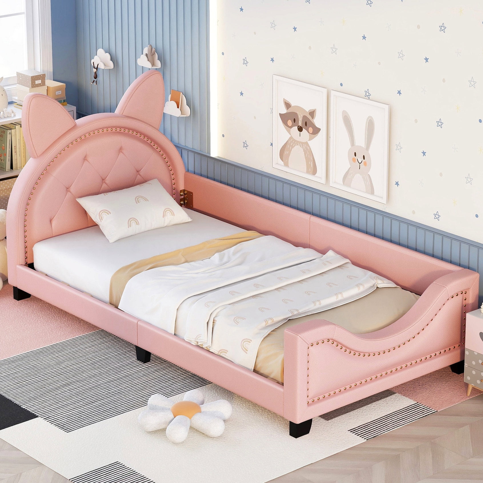 Twin Pink Upholstered Daybed with Adorable Headboard | Pine Wood & MDF ...