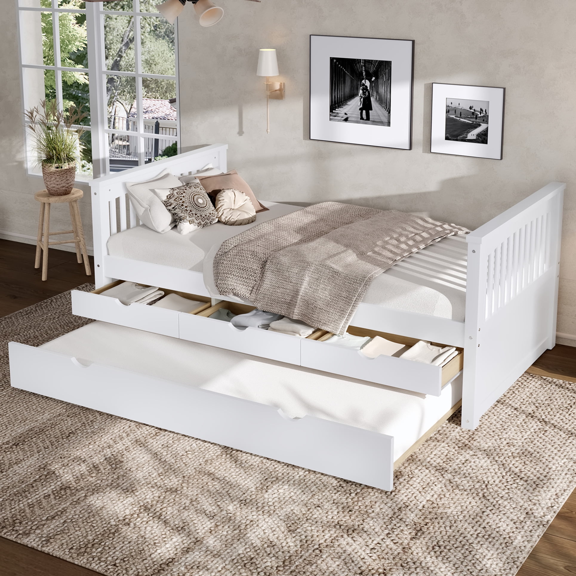 Twin Platform Bed with 3 Drawers and Trundle, Solid Wood Daybed, No ...