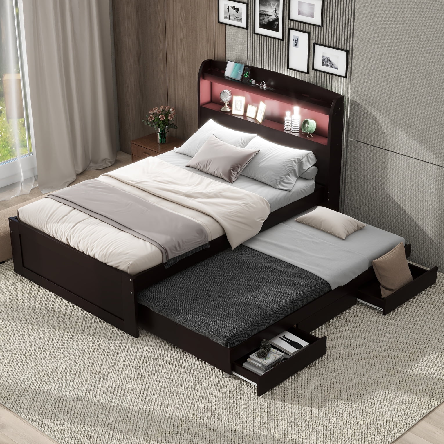 Twin Platform Bed with Charging Station and Storage LED Headboard, Wood ...