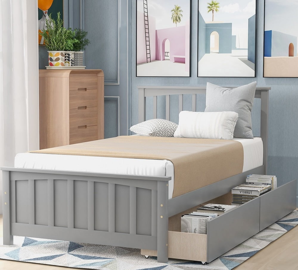 Twin Platform Bed Frame with Drawers, SEGMART Wooden Twin Bed Frame ...