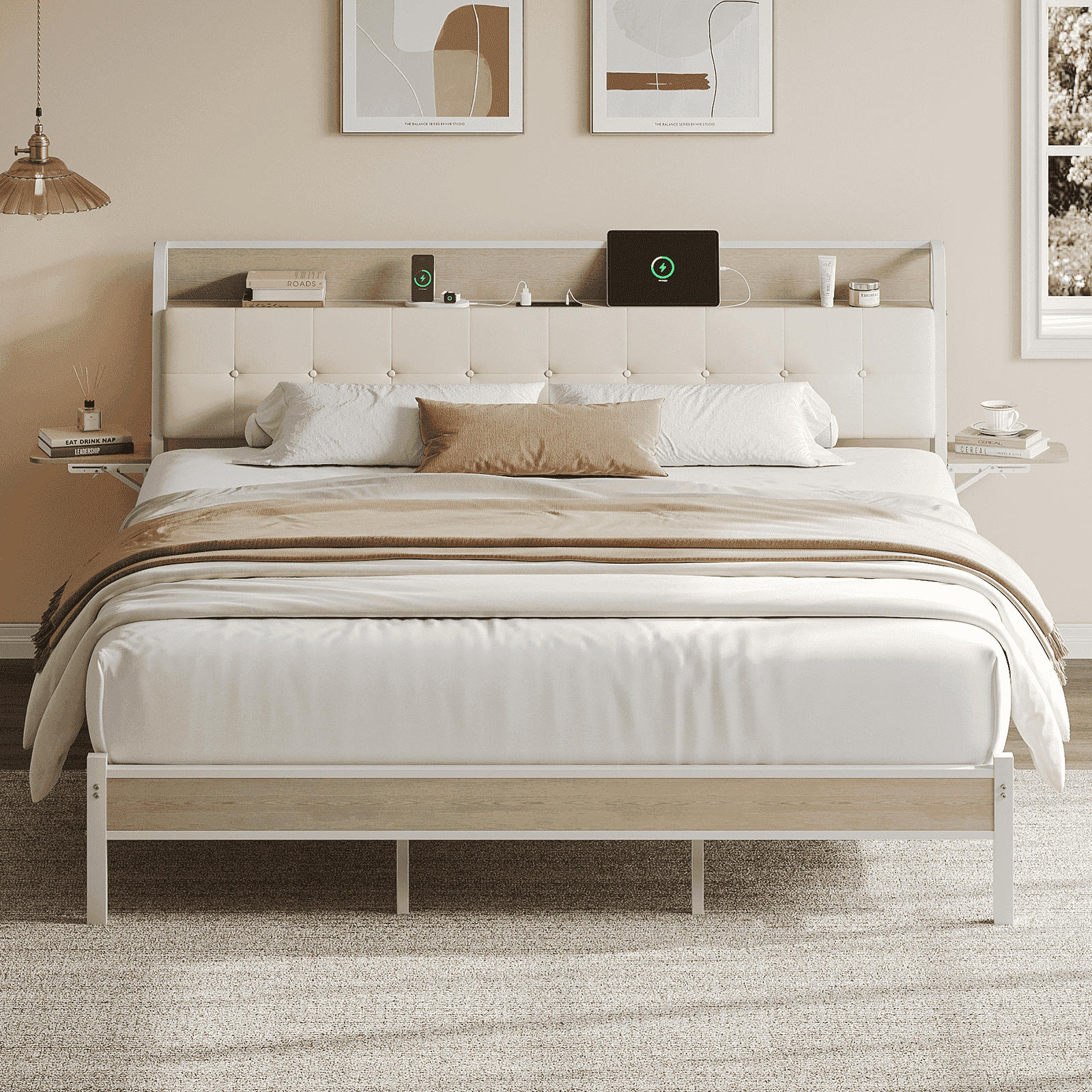 Twin Platform Bed Frame with Storage Headboard, LED Lighting, Foldable ...