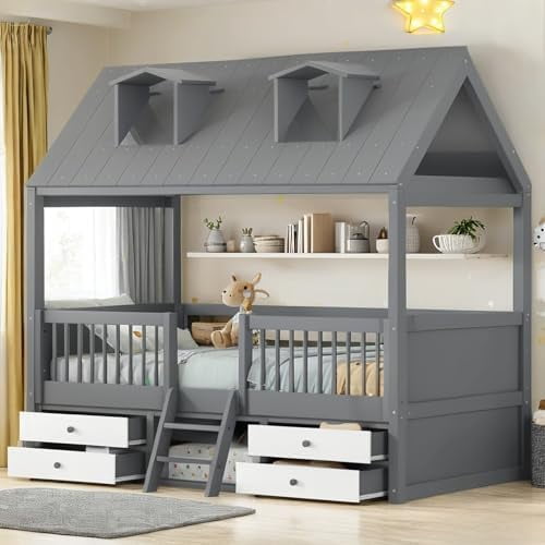 Twin Platform Bed with House-Shaped Roof Wooden House Bed with Storage ...