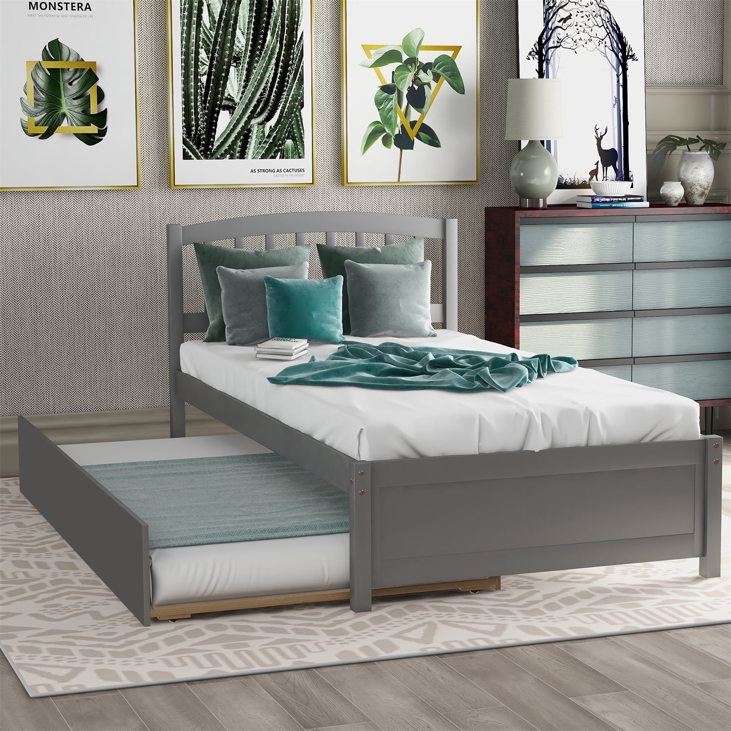 Twin Size Solid Wood Platform Bed with Trundle for Kids, Grey Bedroom ...
