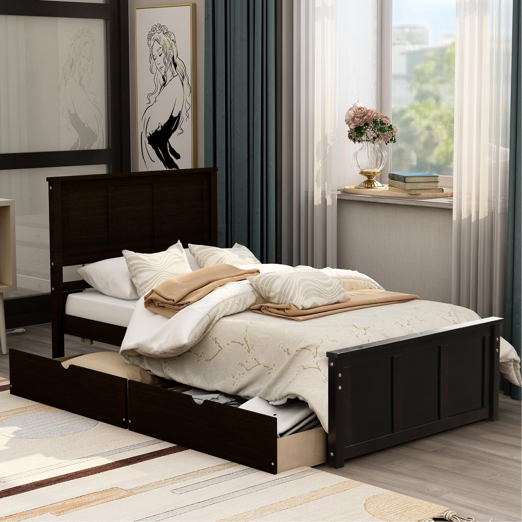 Twin Platform Bed With 2 Slidable Drawers In Color, Made Of Solid Wood ...