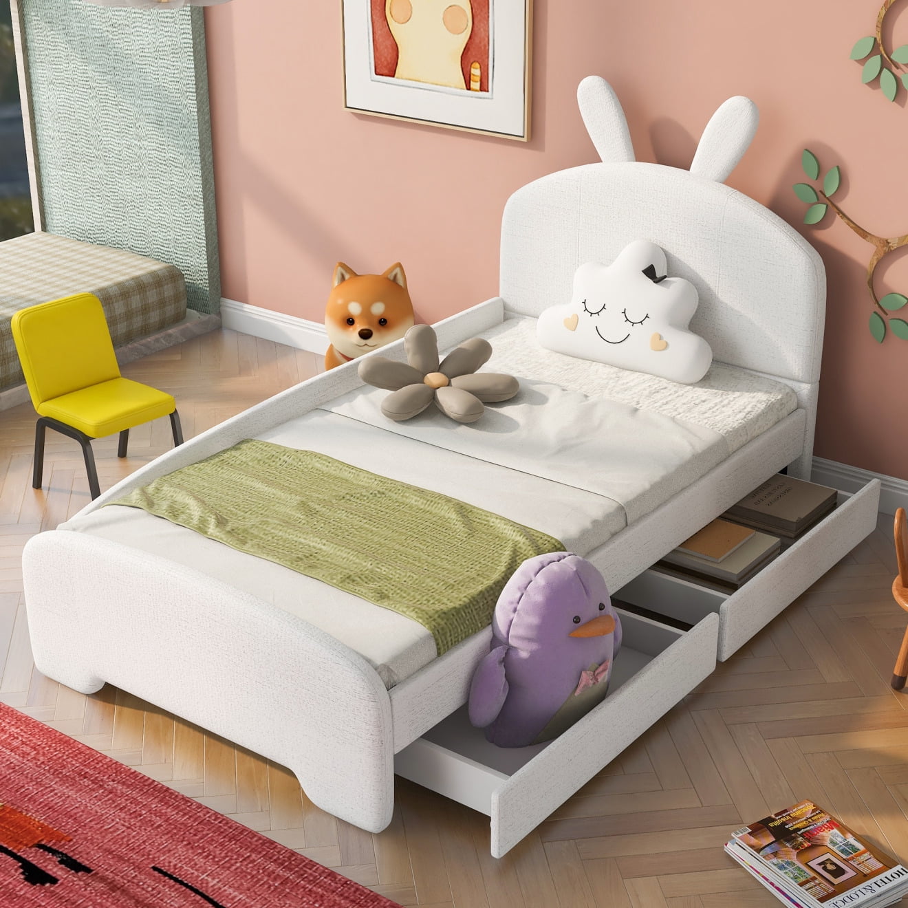 Twin Platform Bed with Storage, Twin Size Platform Bed with Ears Shaped ...