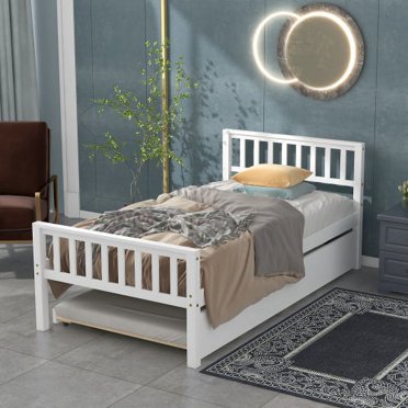Twin Size Toddler Bed, Macaron Twin Size Bed with Side Guardrails, Wood ...