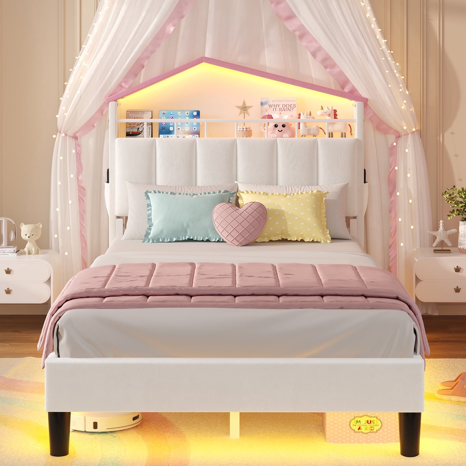 Twin Princess Bed Frame with LED Lights Headboard,Charging Station ...