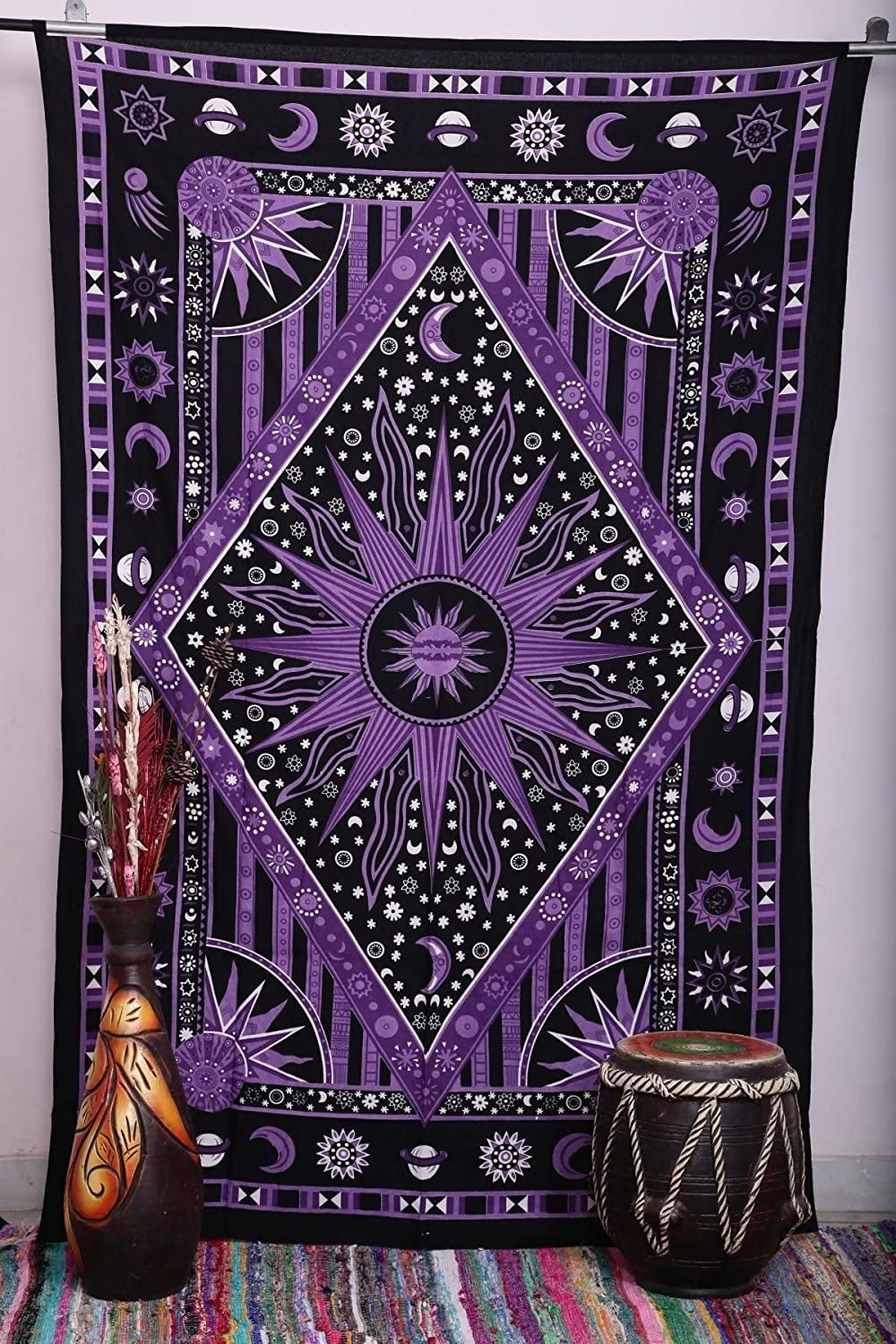 Twin Psychedelic Celestial Burning Sun Moon Planet Bohemian Tapestry ...