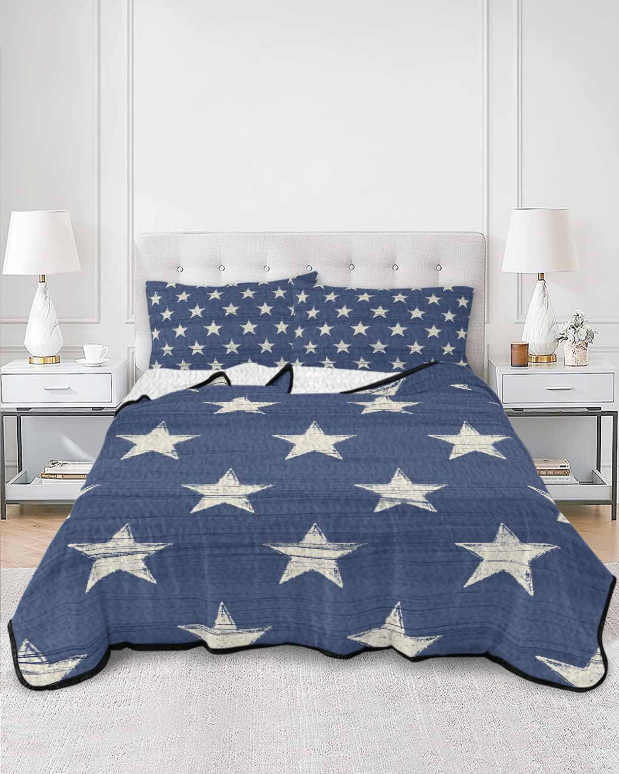 Twin Quilt Bedding Set Memorial Day Patriotic Star White Blue Summer ...