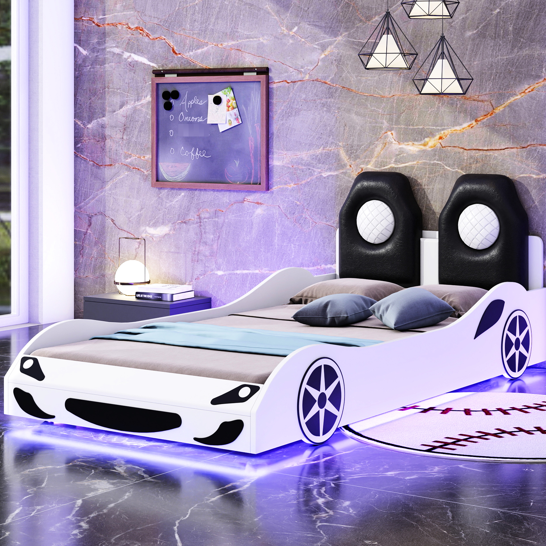 Twin Race Car Bed With Led Underbed And Comfortable Upholstered ...