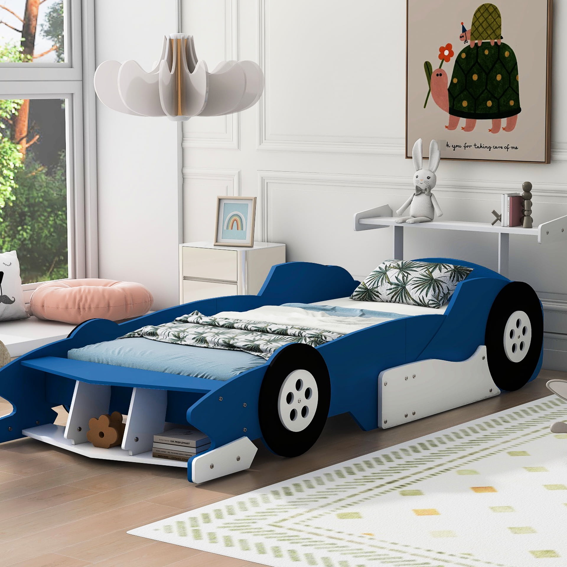 Twin Race Car-shaped Bed With Wheels In Blue - Build For A Peaceful ...