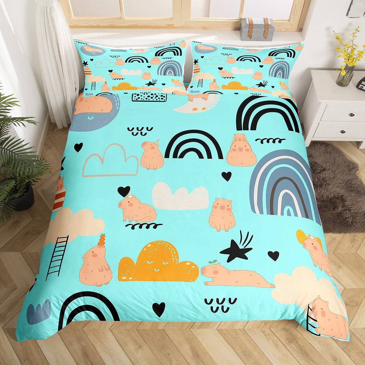 Twin Rainbow Duvet Cover, Kawaii Capybara Comforter Cover Funny Animals ...