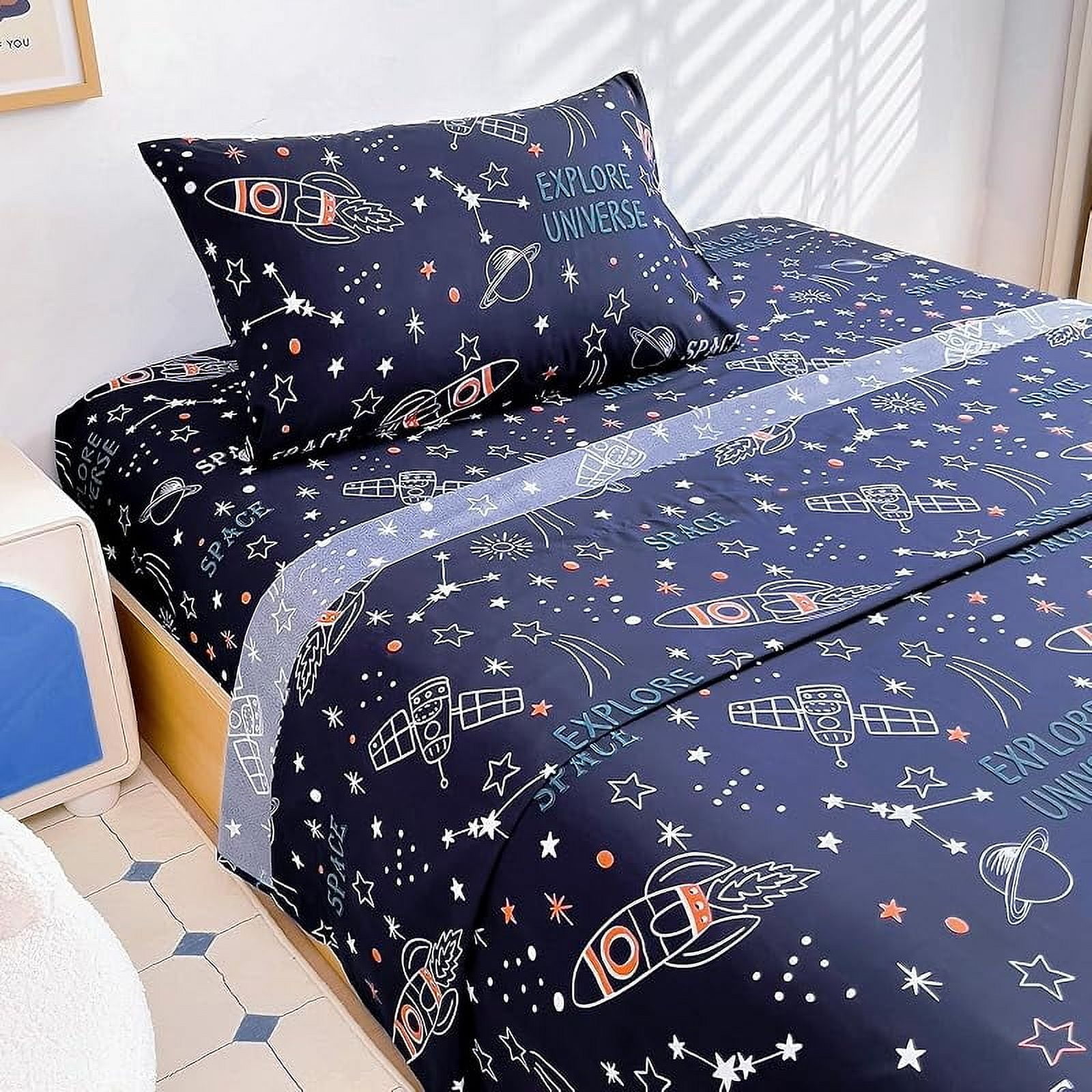 Twin Sheets Set Kids - 3 Pieces Space Rocket Universe Navy Sheets for ...