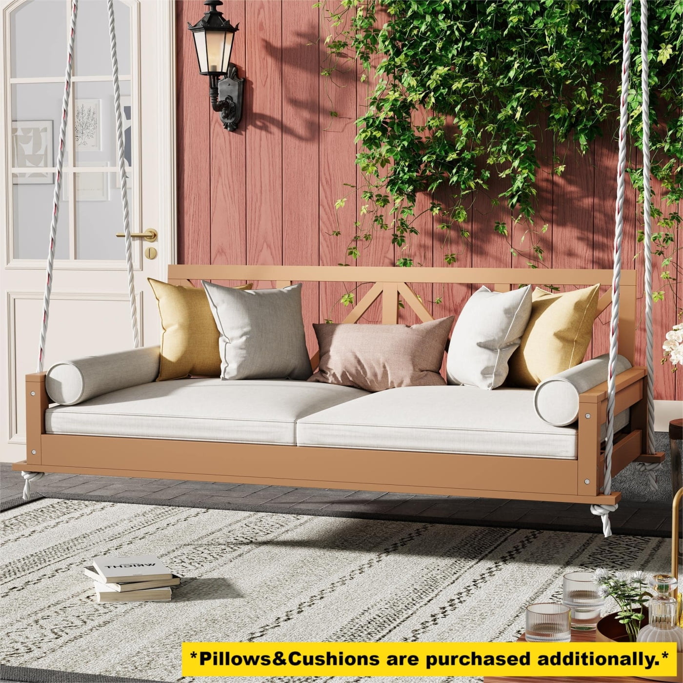 Twin Size A-caacia Wood Swing Daybed with Hemp Ropes - Sloped Safety ...