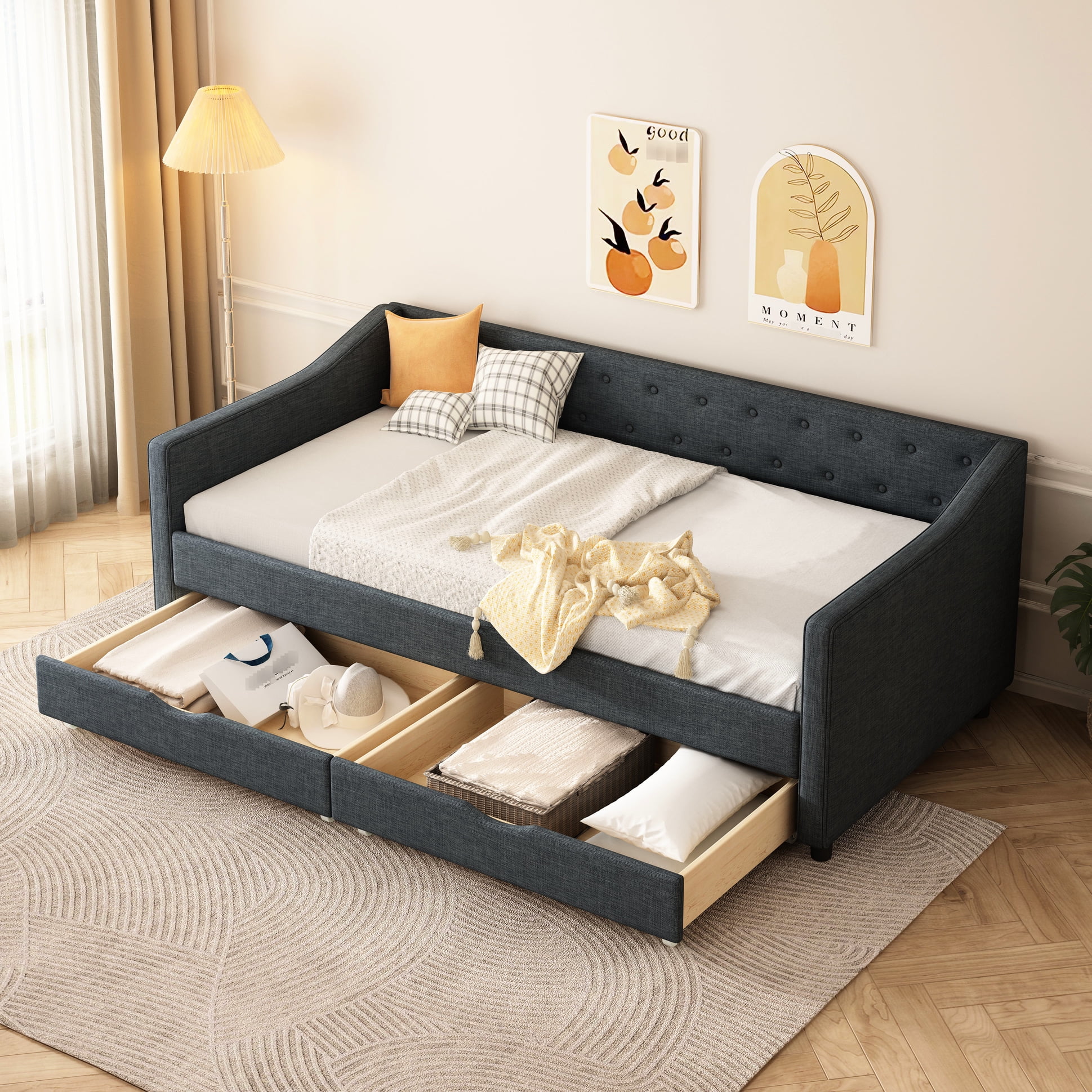 Twin Size Bed With Drawers In Dark Grey: Upholstered Daybed Buttoned ...