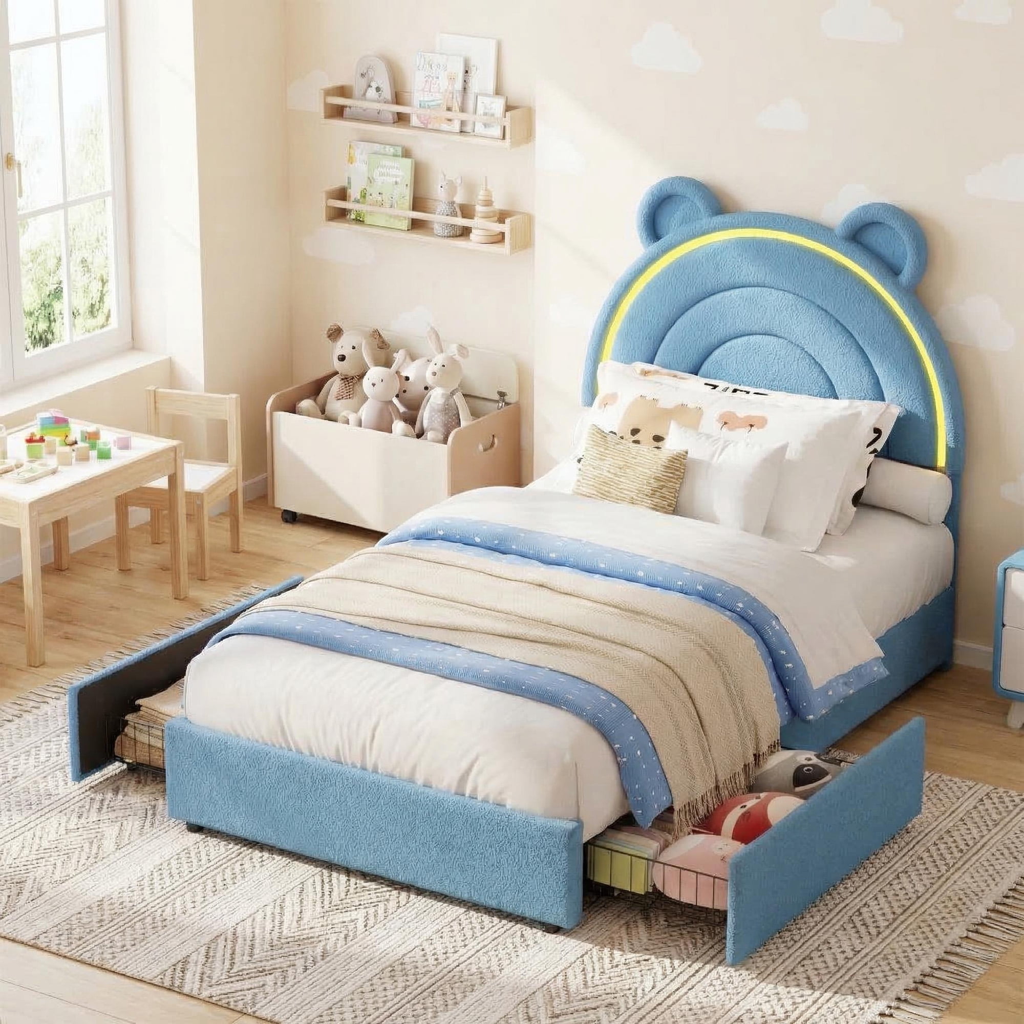 Twin Size Bed Frame with 2 Storage Drawers & LED Lights - Upholstered ...