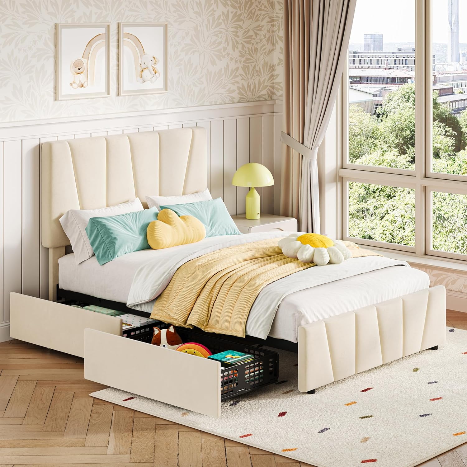 Twin Size Bed Frame with Adjustable Headboard and 2 Storage Drawers ...