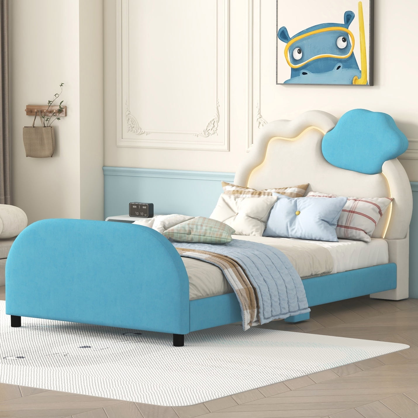 Twin Size Bed Frame with Bear-Shaped Headboard & Embedded Light Stripe ...