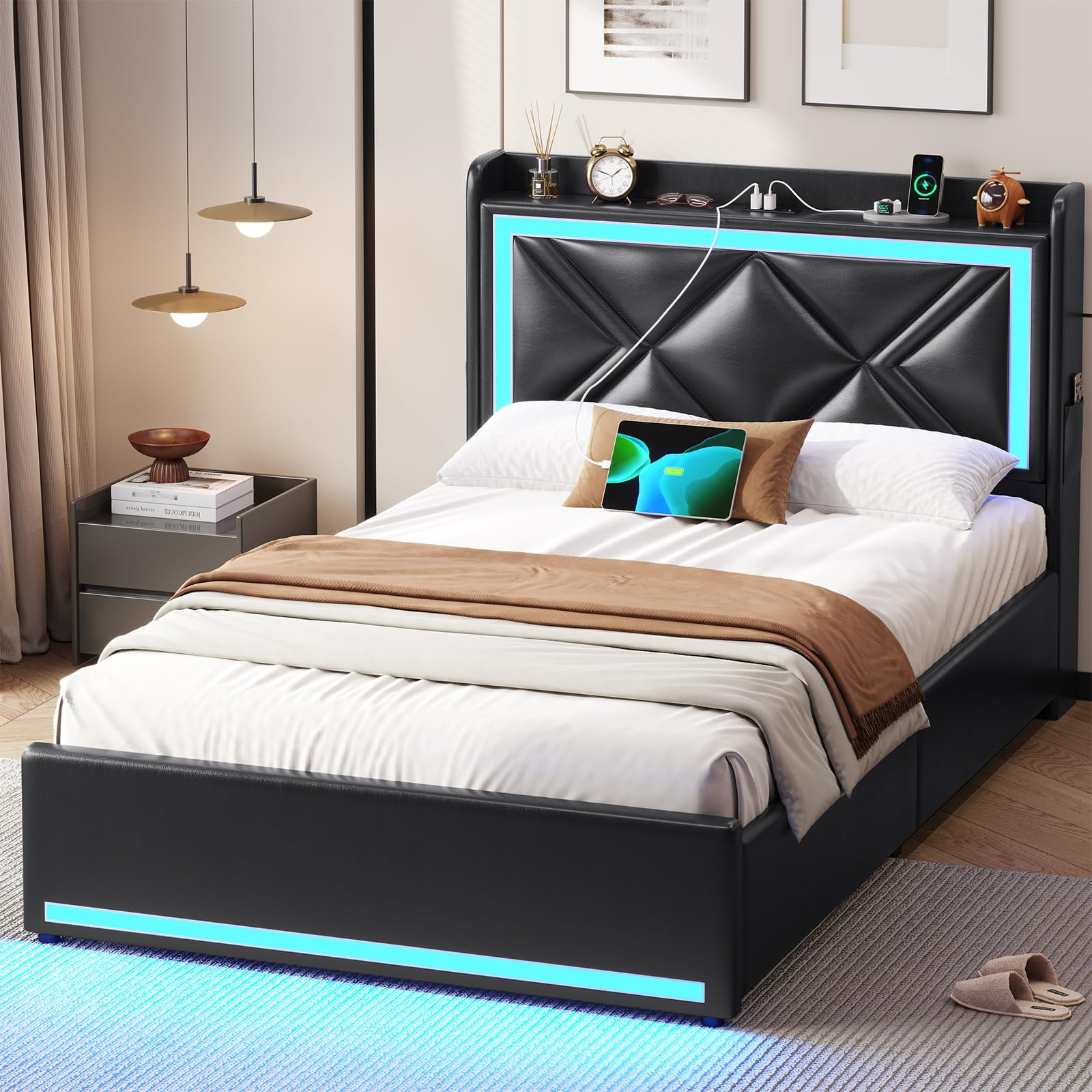 Twin Size Bed Frame with Charging Station and LED Lights, Black PU ...
