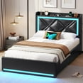 Twin Size Bed Frame with Charging Station and LED Lights, Black PU ...