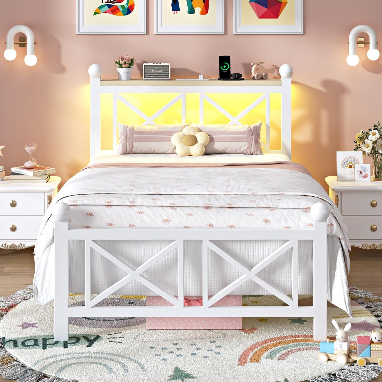 Twin Size Bed Frame with Charging Station and LED Lights, Metal ...
