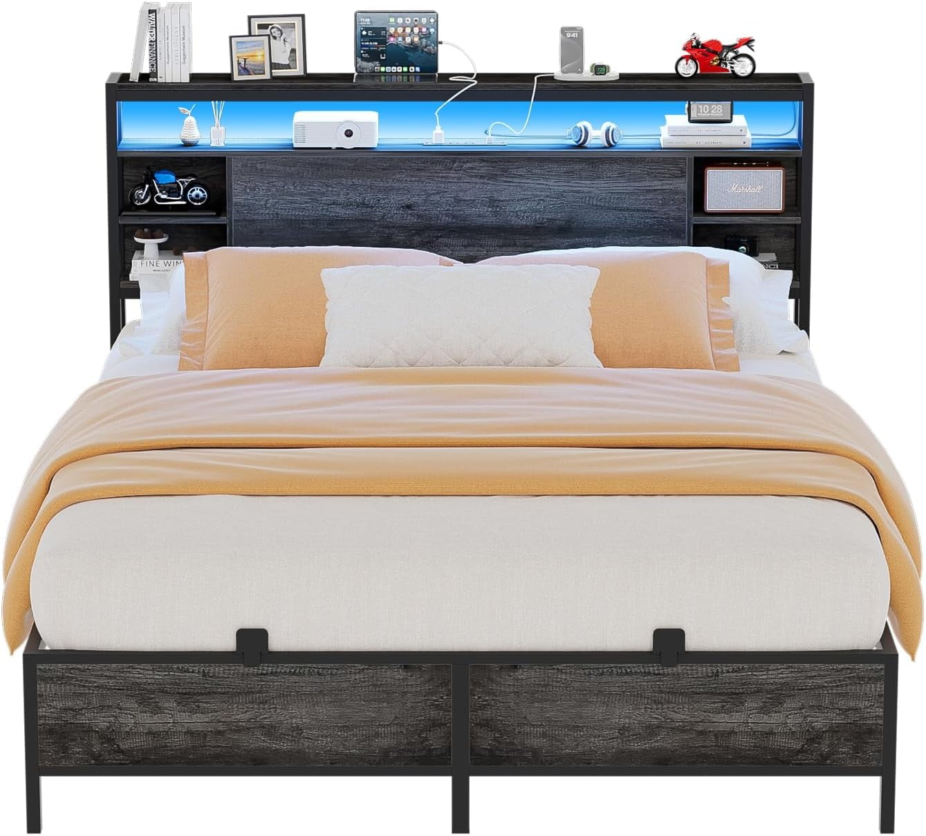 Twin Size Bed Frame with Charging Station and RGB LED Light, Sturdy ...