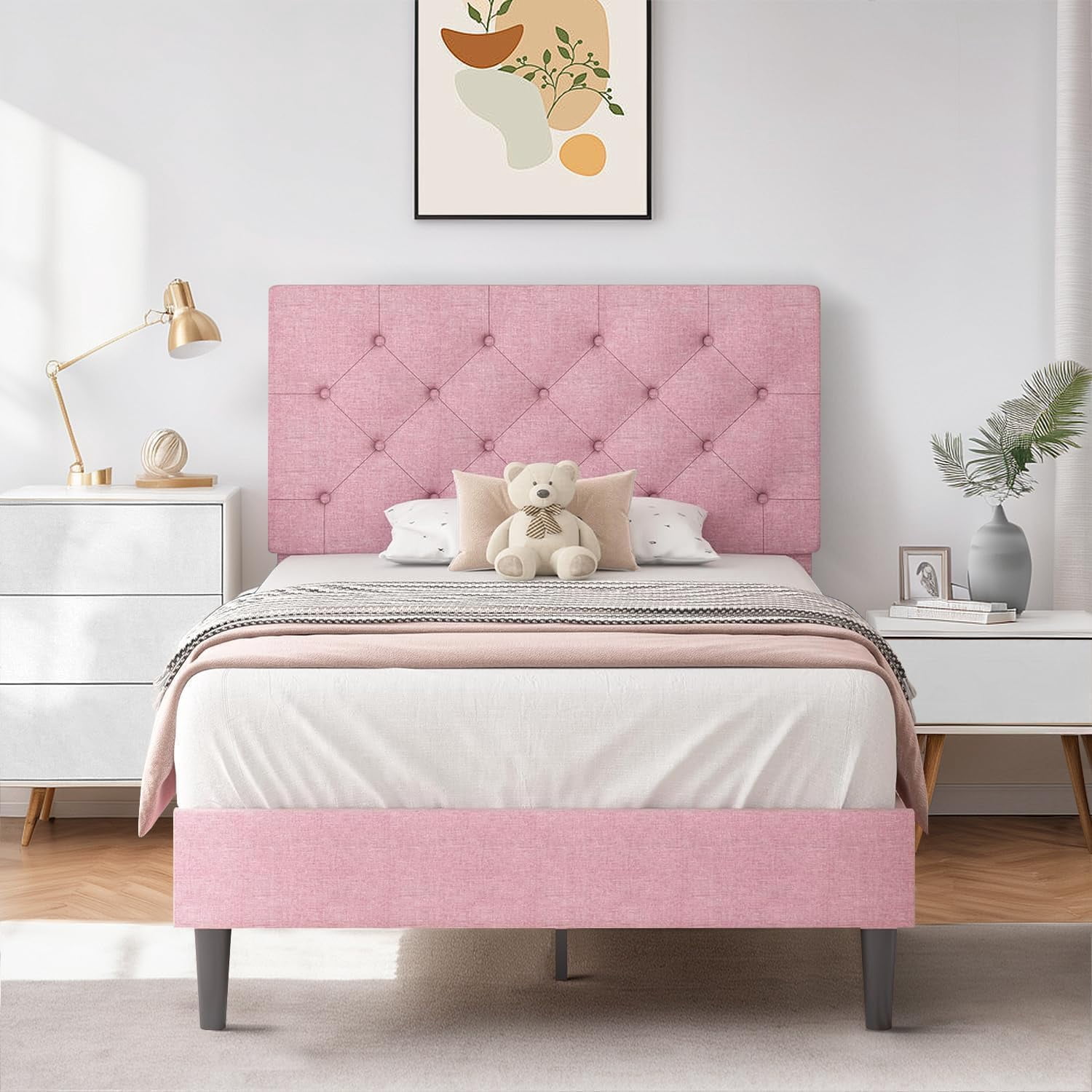 Twin Size Bed Frame with Headboard, Pink Upholstered Linen Fabric Bed ...