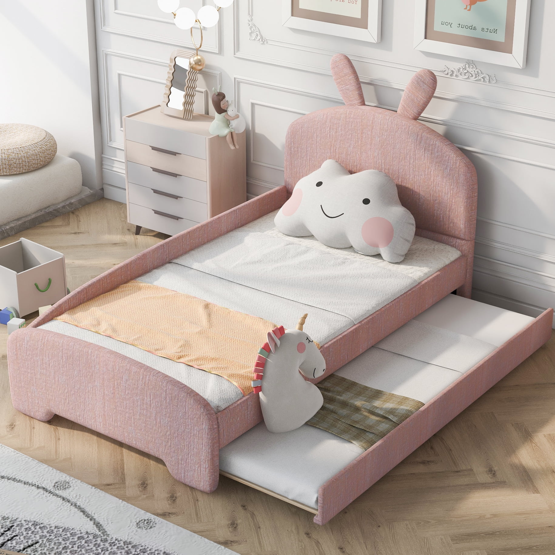 Twin Size Bed Frame for Kids, Upholstered Daybed with Rabbit Ear Shaped ...