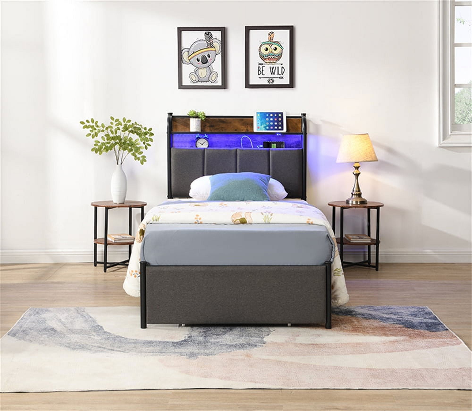 Twin Size Bed Frame with LED Light and Charging Station, Twin Heavy ...