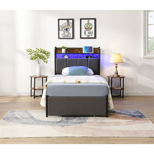 Twin Size Bed Frame with LED Light and Charging Station, Twin Heavy ...