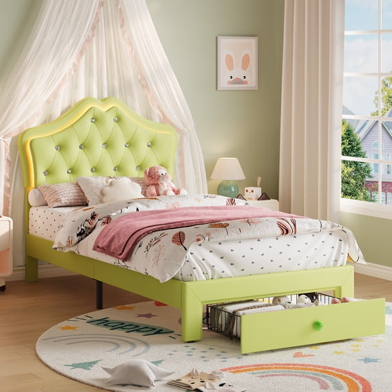 Twin Size Bed Frame with LED Lights & Velvet Crystal Button Headboard ...