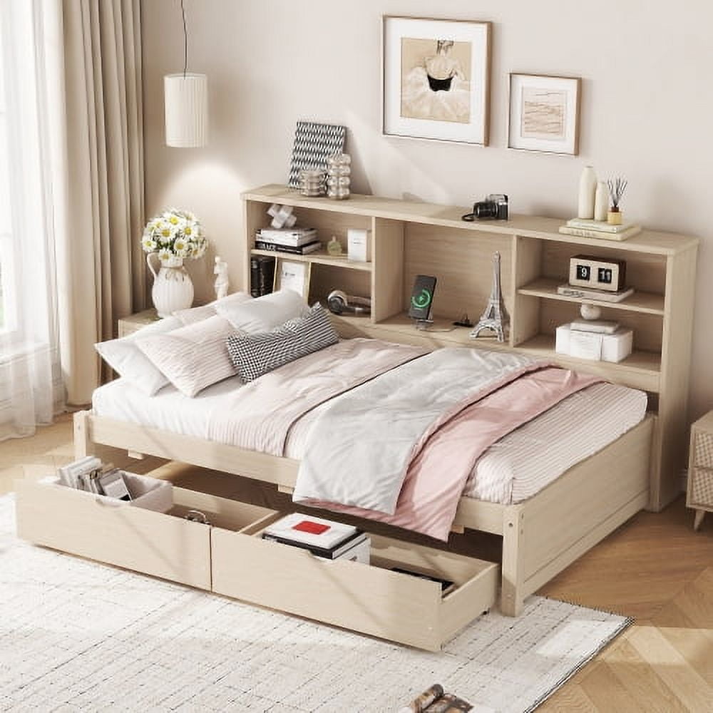 Twin Size Bed Frame with Side Bookshelf, 2 Storage Drawers & Built-in ...