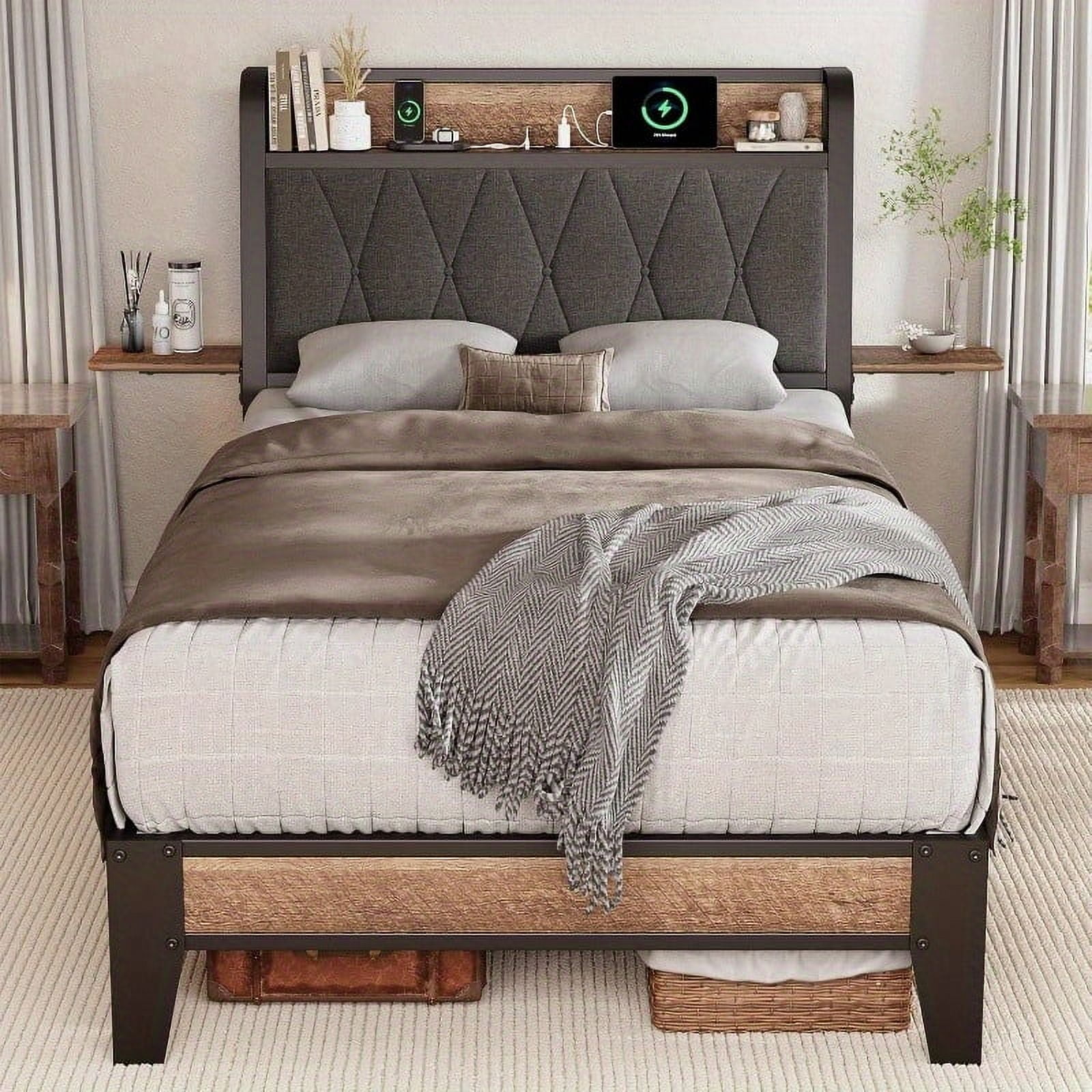 Twin Size Bed Frame with Side Storage Shelf Ergonomic Upholstered ...